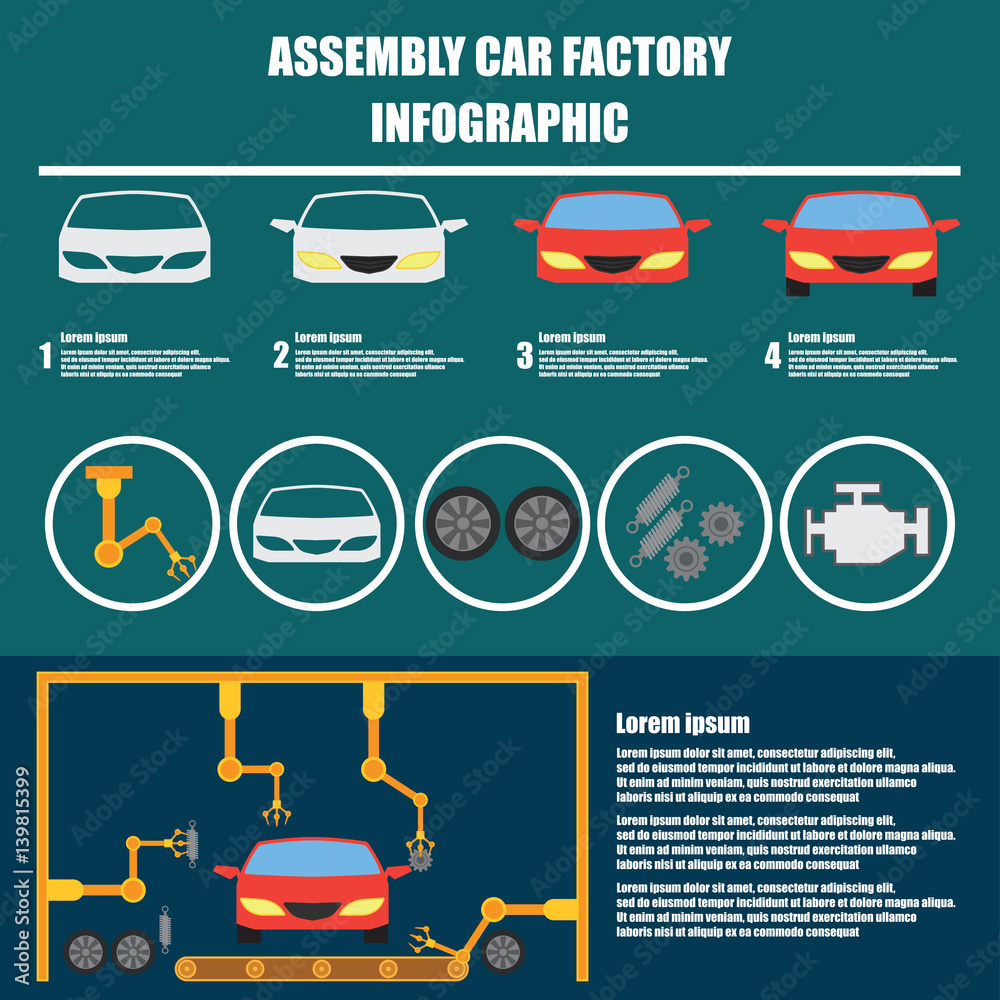 assembly car infographic / assembly line and car production plant ...