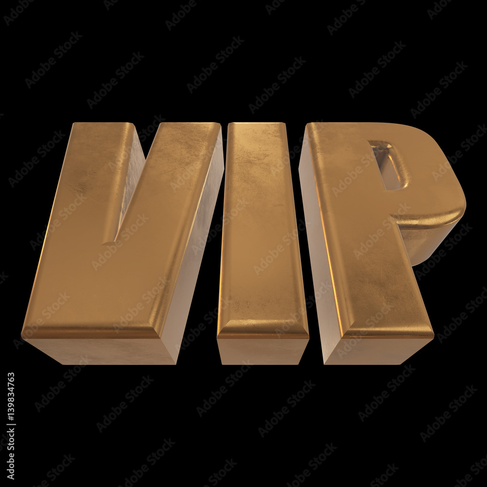 Golden letters VIP. 3d render on black background. Very mportant person ...