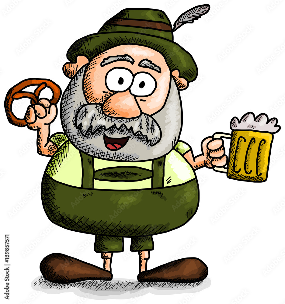 Typical smiling German man with pretzel and beer in traditional green ...