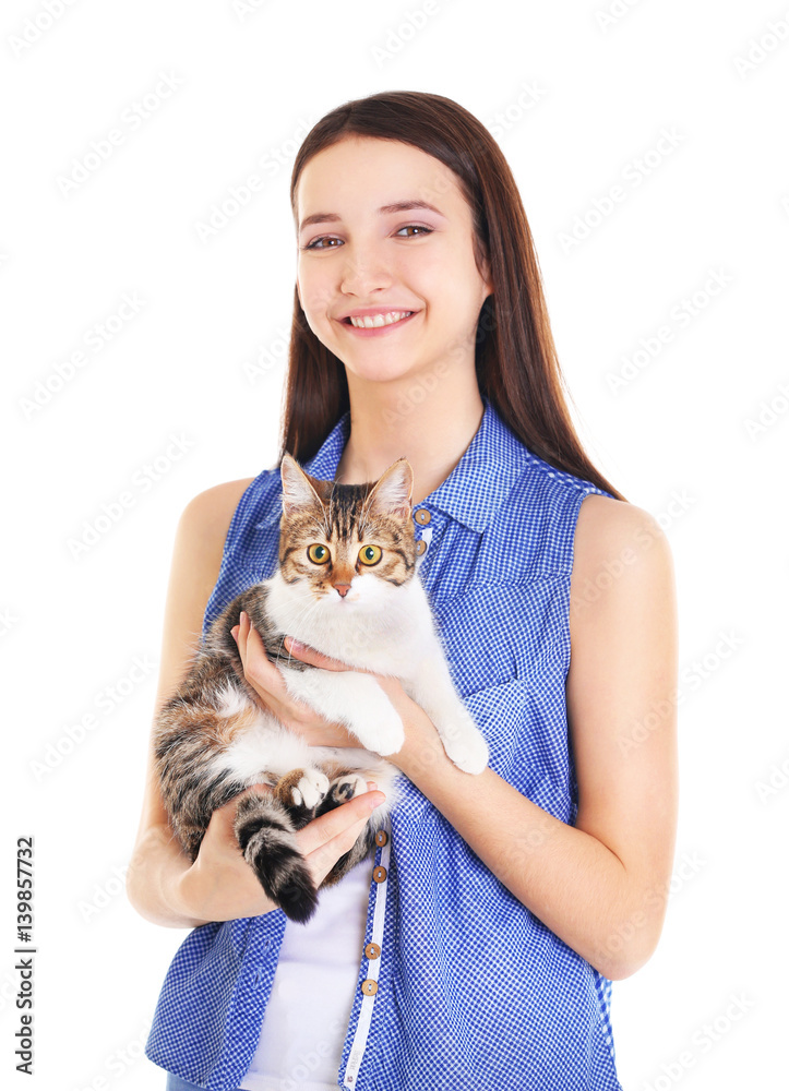 Beautiful young woman with cute cat on white background Stock-Foto ...