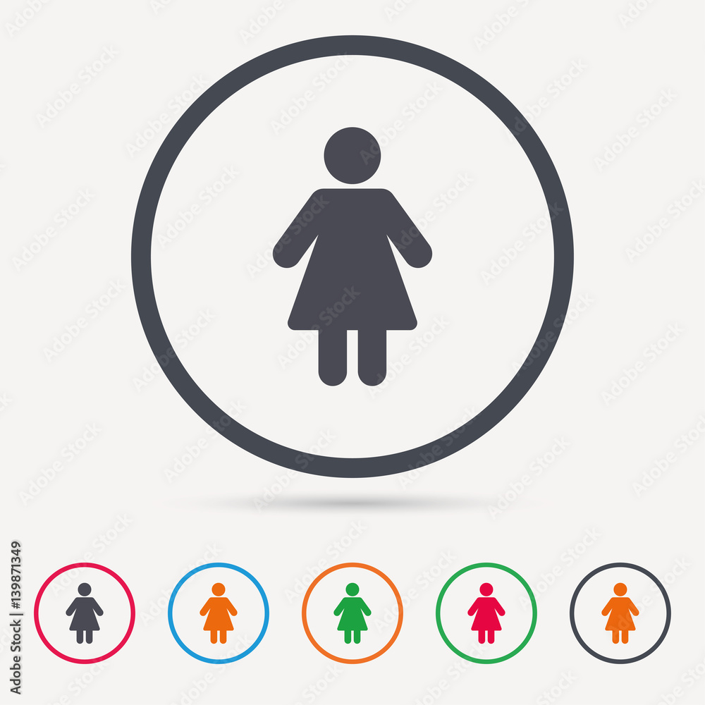 Woman icon. Female human symbol. User sign. Round circle buttons ...