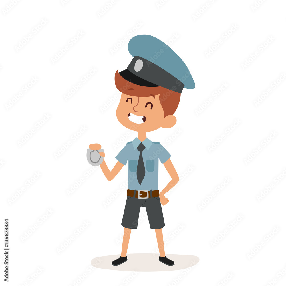 policeman boy cap and badge hands cop cartoon character person on white ...