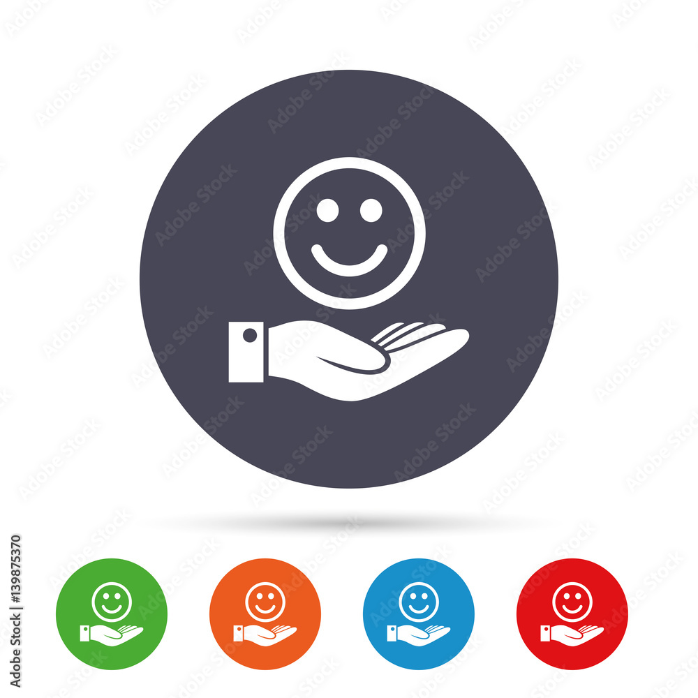 Smile and hand sign. Palm hold happy face symbol. Stock Vector | Adobe ...