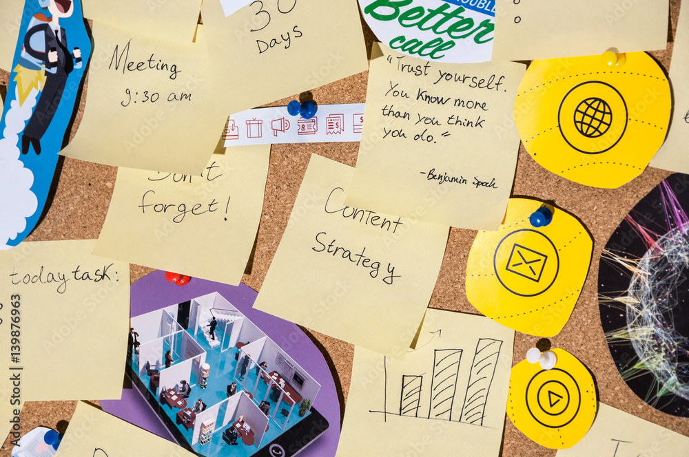 Mood board. A lot of stickers for taking notes with text and pictures ...