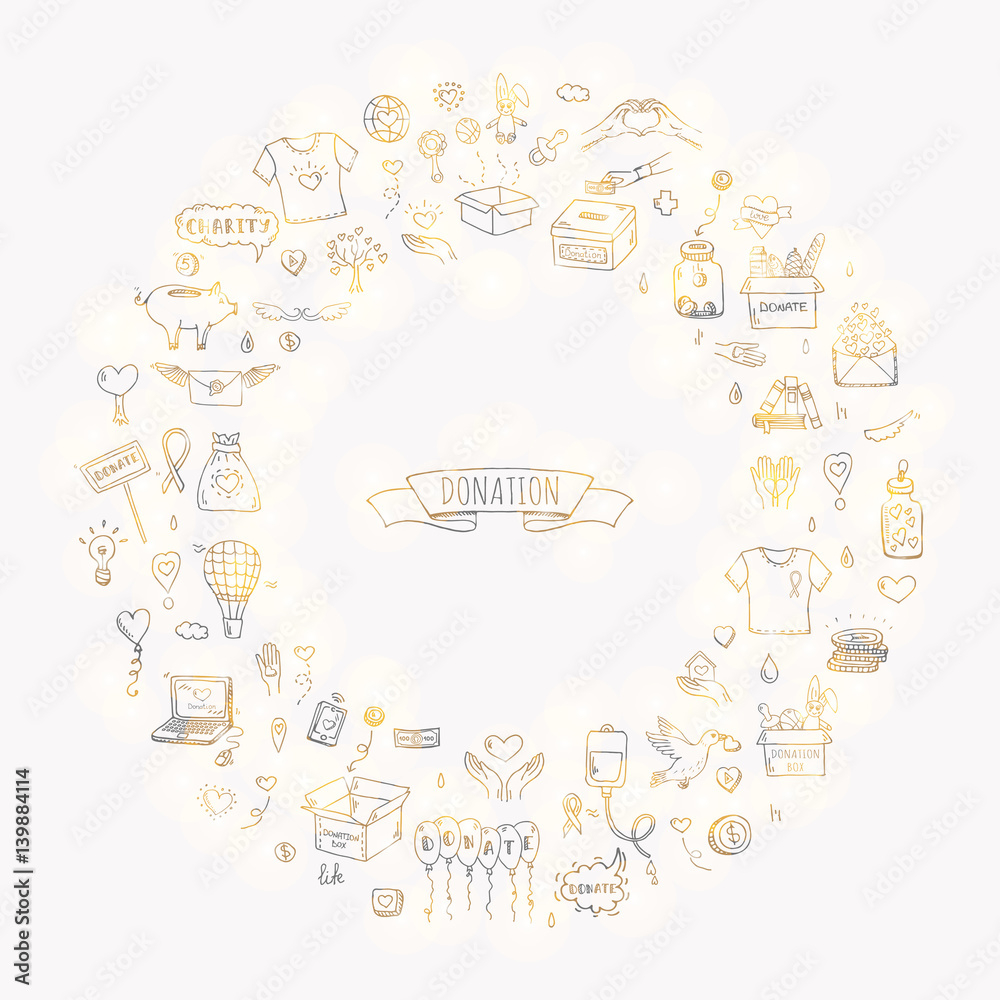 Hand drawn doodle Donation icons set. Vector illustration. Charity ...