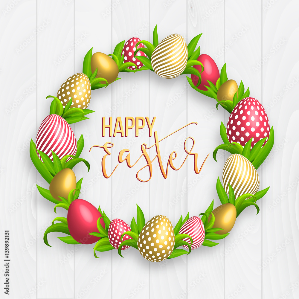 Happy easter template with gold ribbon and eggs, frame, green ...