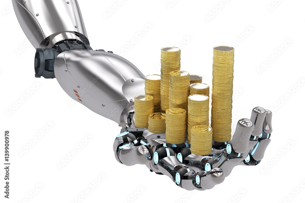 robotic hand holding gold coins Stock Illustration | Adobe Stock