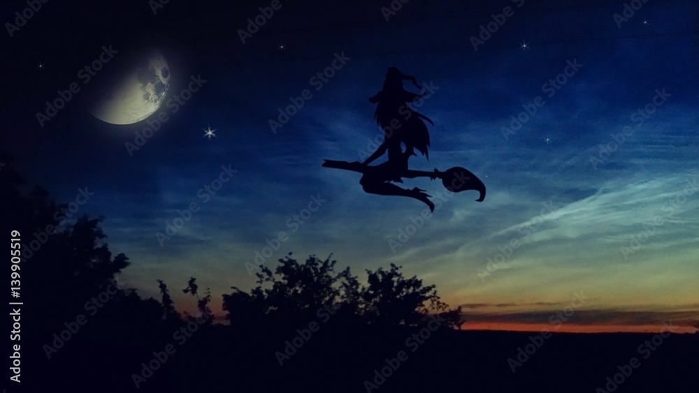 Halloween. The witch flying on the broom against the background of the ...