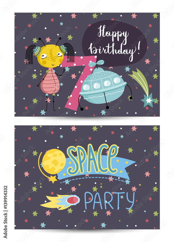 Happy birthday cartoon spaces greeting card. Cute laughing star, comets ...