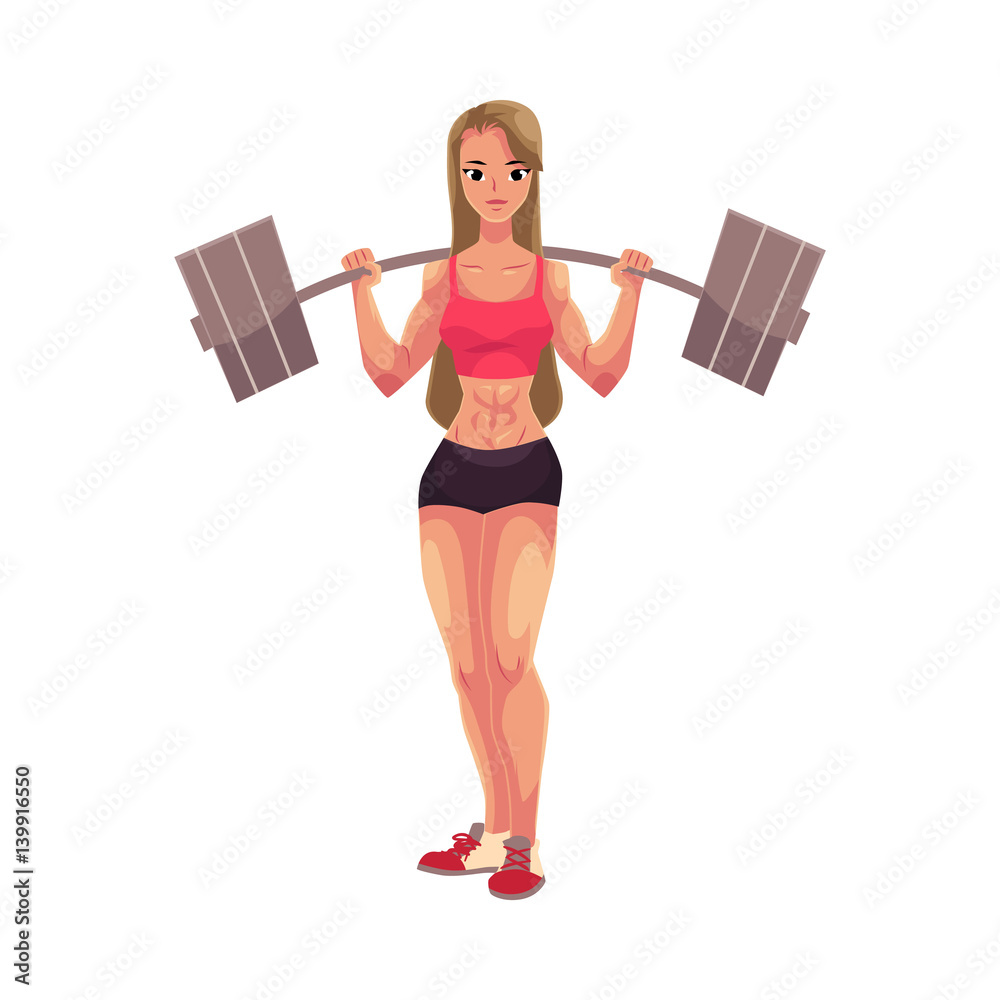 Young woman, female bodybuilder, weightlifter working out with barbell ...