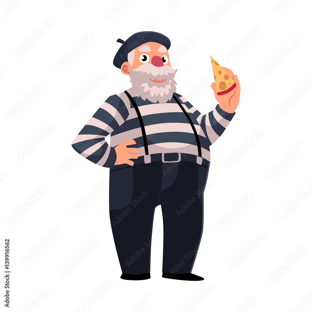 Grey haired, fat French mime in traditional clothing holding cheese as ...