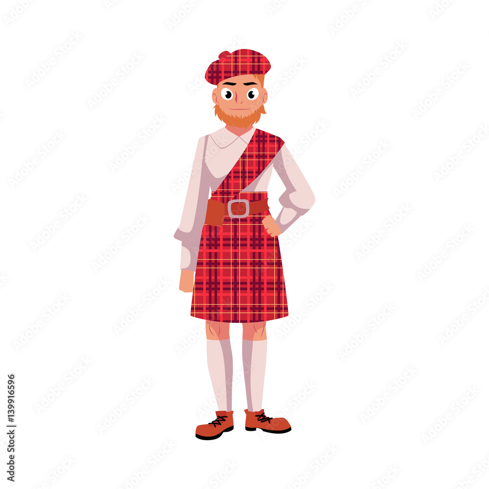 Scottish man in national clothes, red tartan beret and kilt, cartoon ...
