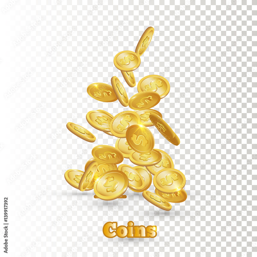 Gold coins falling down. Coin icon with shadows. Isolated on white. 3d ...