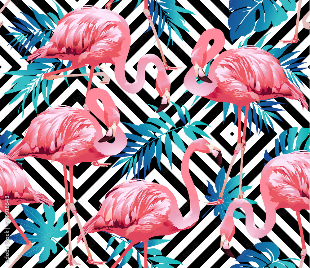 Flamingo Bird and Tropical Flowers Background - Seamless pattern vector ...