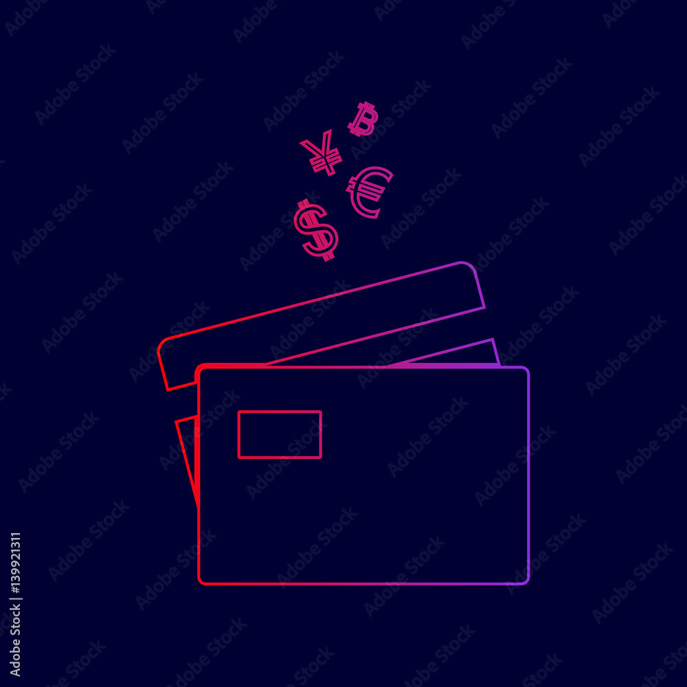 Credit cards sign with currency symbols. Vector. Line icon with ...