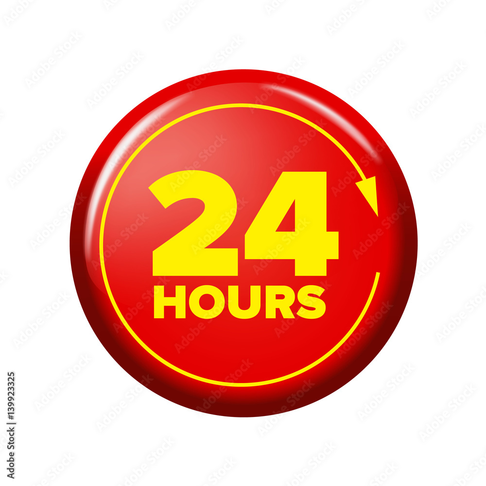 Bright red button with words '24 hours' and arrow. Work time circle ...