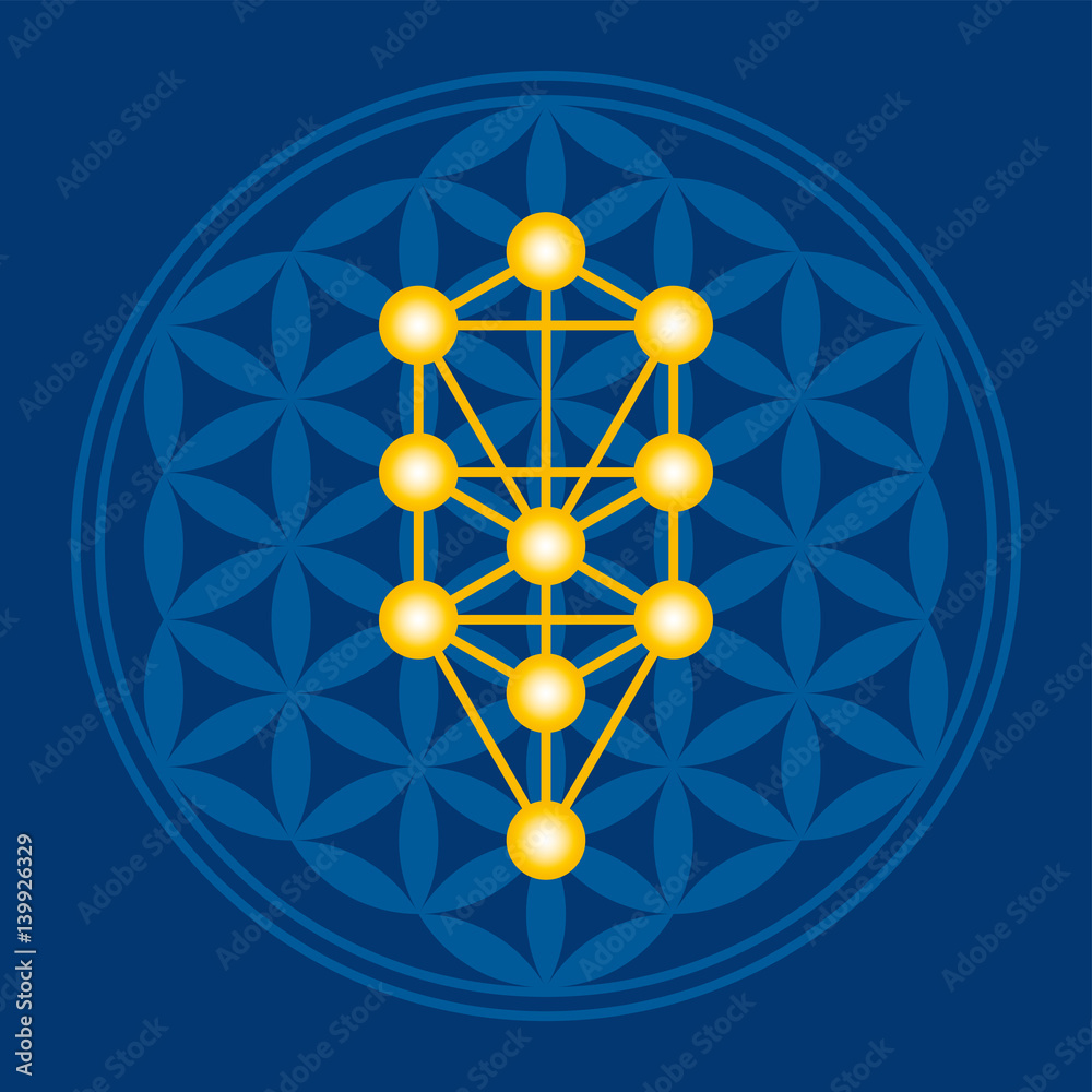Golden Tree in blue Flower of Life over dark blue. Kabbalah Sephirots ...