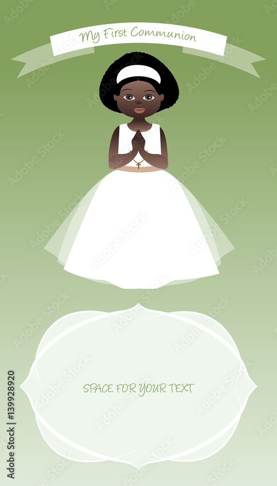 Cute girl wearing white dress. My first communion celebration reminder ...