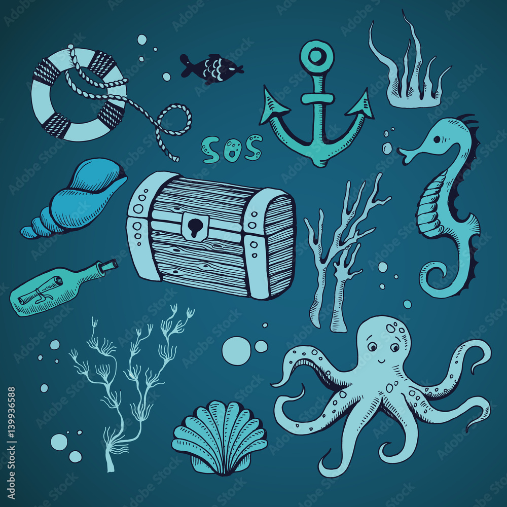 cute sea objects collection. vector illustration Stock Vector | Adobe Stock