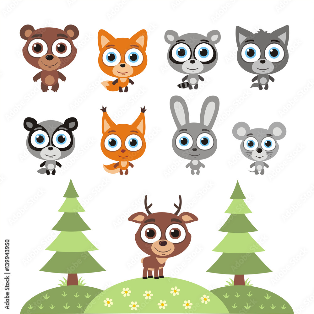 Forest animals set in cartoon style. Isolated funny forest animals on ...