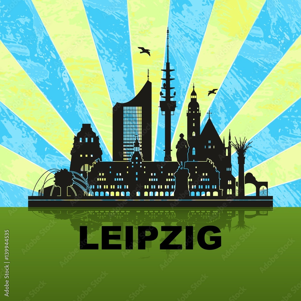 Leipzig Skyline Schattenriss Denkmäler Kultur Sehenwürdigkeiten blau ...