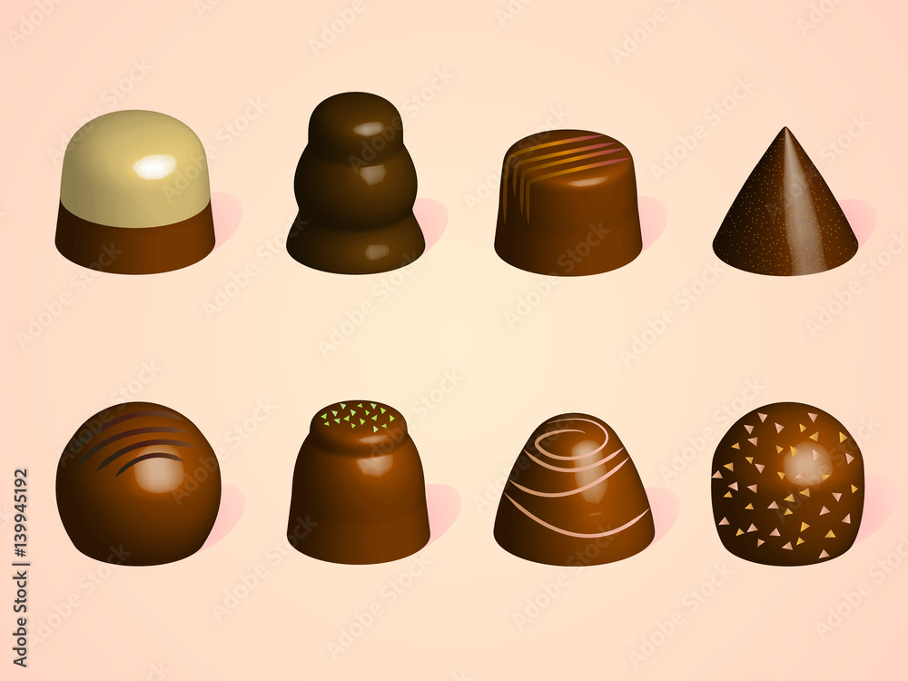 Set of chocolate candies. Different forms of candies. Candies from dark ...