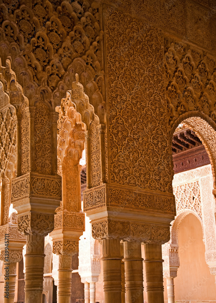 Detailed pillars, arches and porticos in the moorish style at the ...