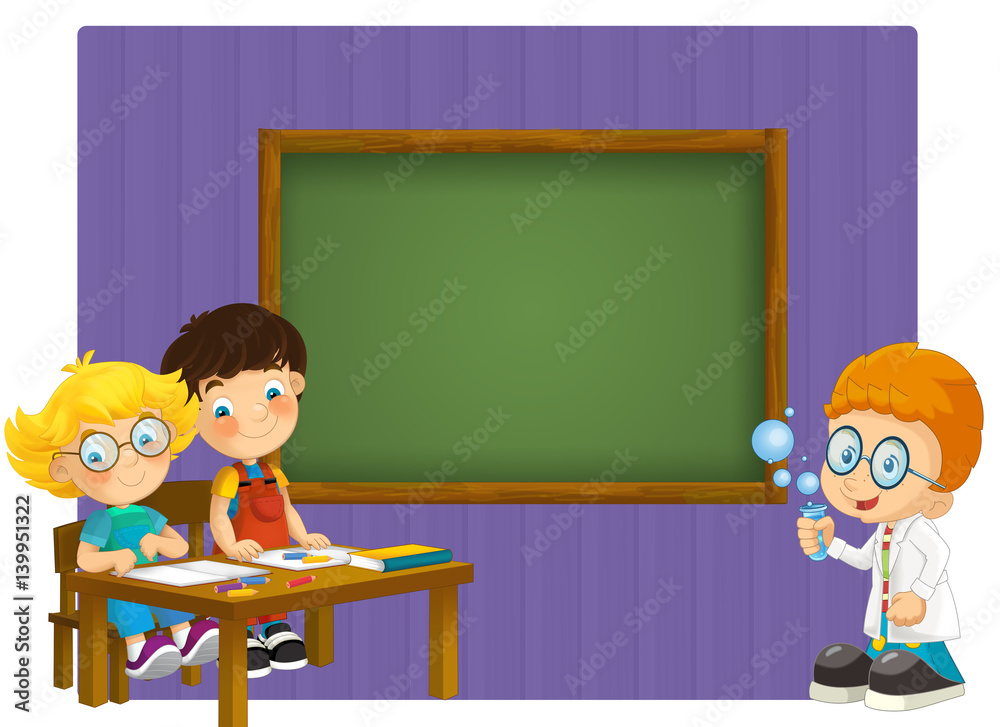 cartoon smart child standing having fun with science other kids sitting ...