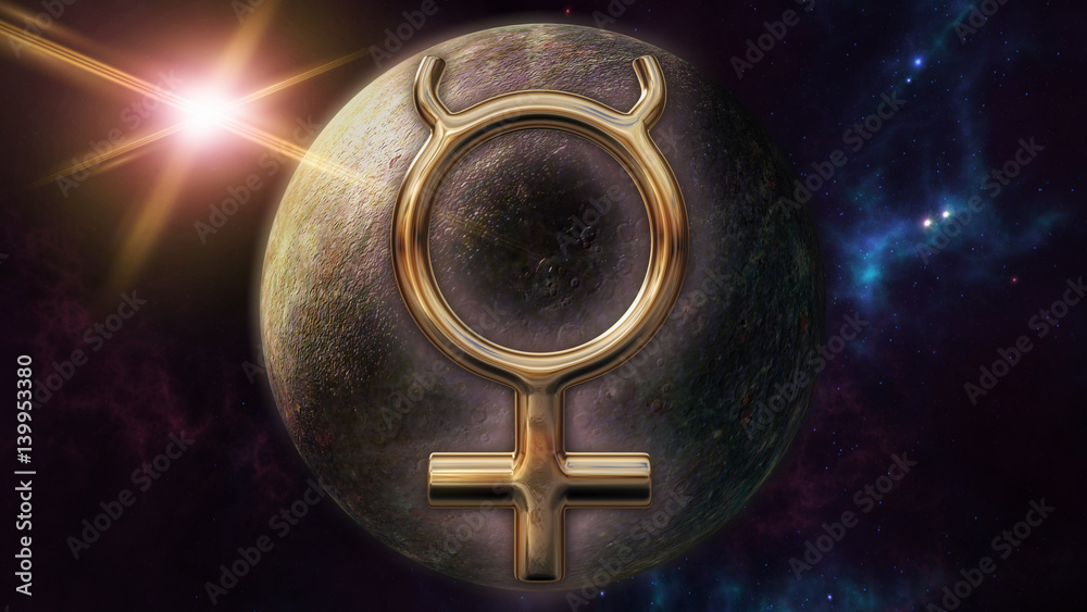 Mercury zodiac horoscope symbol and planet. 3D rendering Stock ...