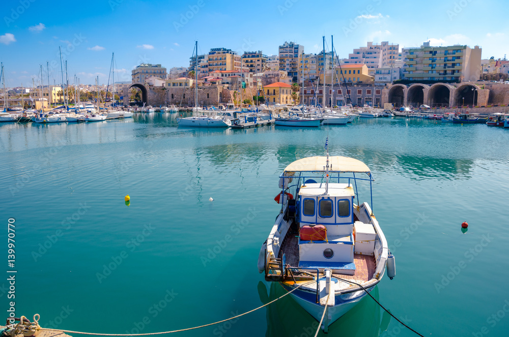 Neoria, old venetian walls of the shipyards at Heraklion with the port ...