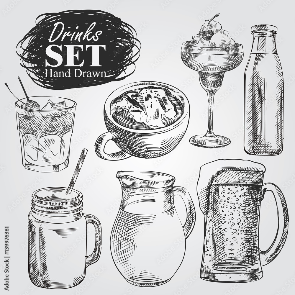 Hand drawn set of different drinks isolated on white background ...