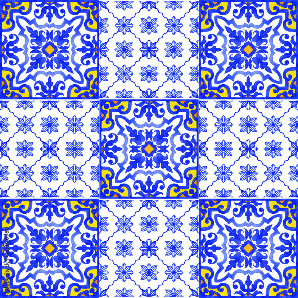 Portuguese azulejo tiles. Blue and white gorgeous seamless patterns ...