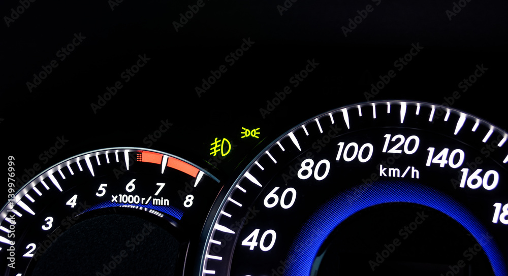Speedometer and tachometer on the dashboard of a car Stock Photo ...