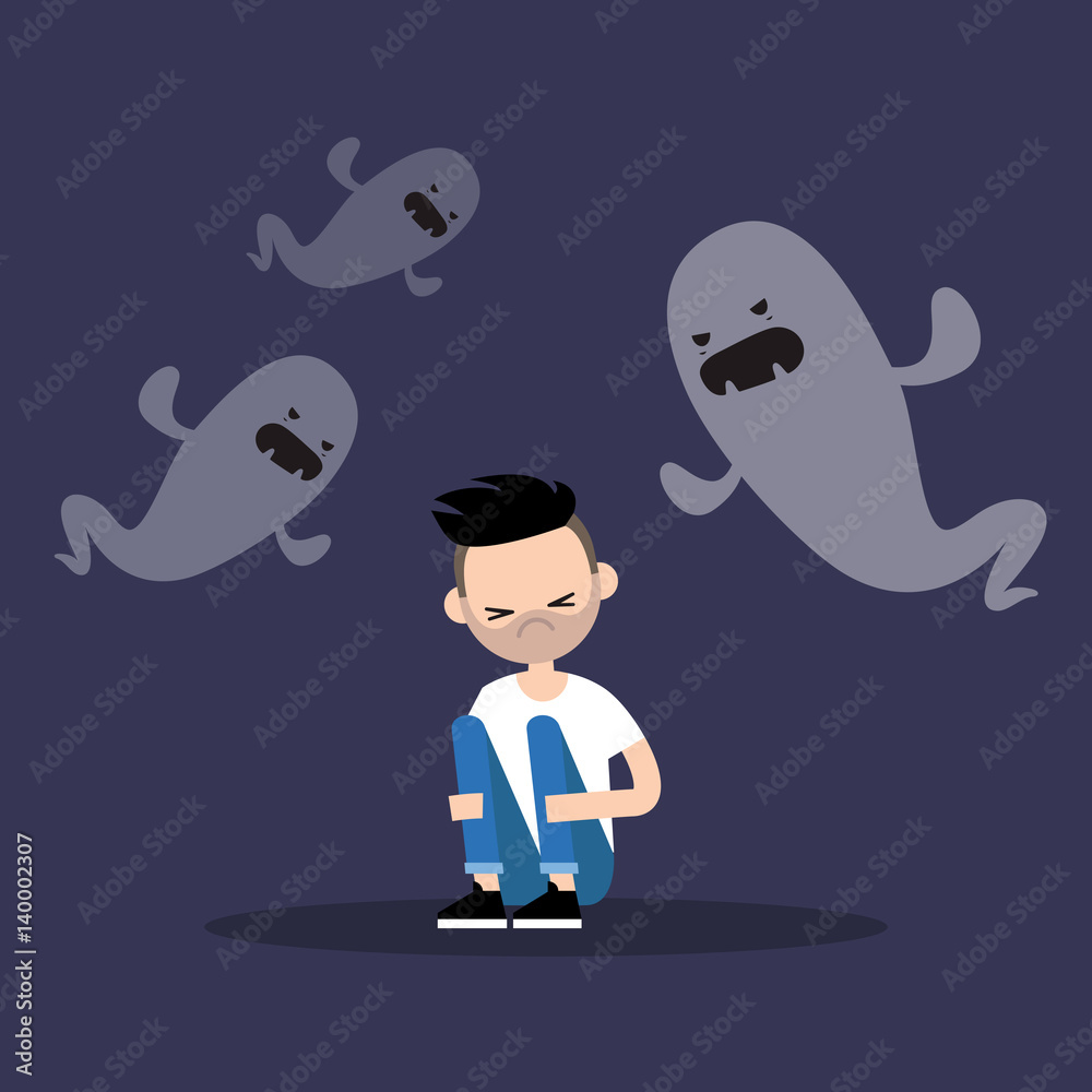 Scared bearded guy surrounded by ghosts / flat editable illustration ...