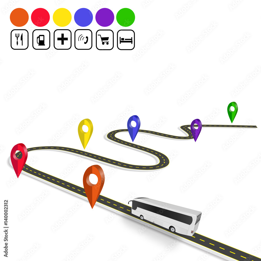 Infographics. Bus. Sign navigator. Winding road with markings. A ...