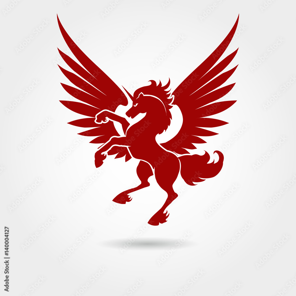 Red unicorn silhouette on white background Vector heraldic logo unicorn ...