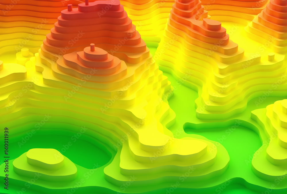 3D illustration. Topographical map. Elevation in colors from blue to ...