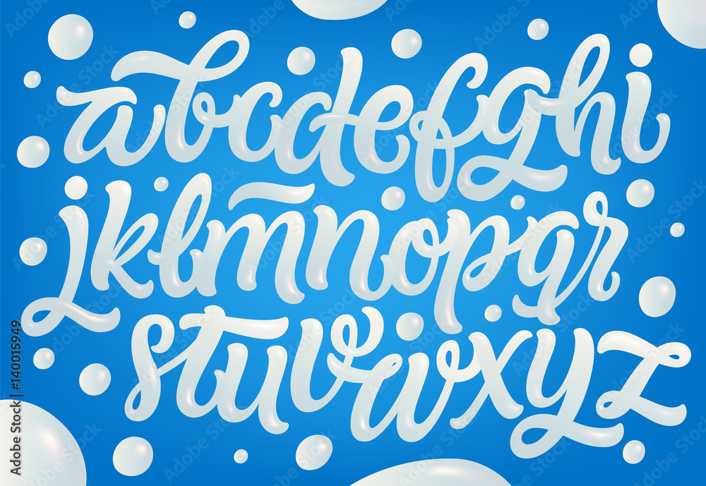 Milk, yogurt or cream alphabet set. White letters on blue background ...