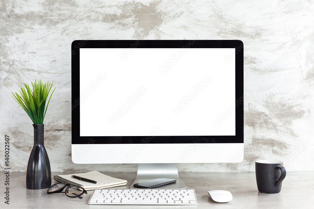 pc computer on workspace table showing blank white screen Stock Photo ...