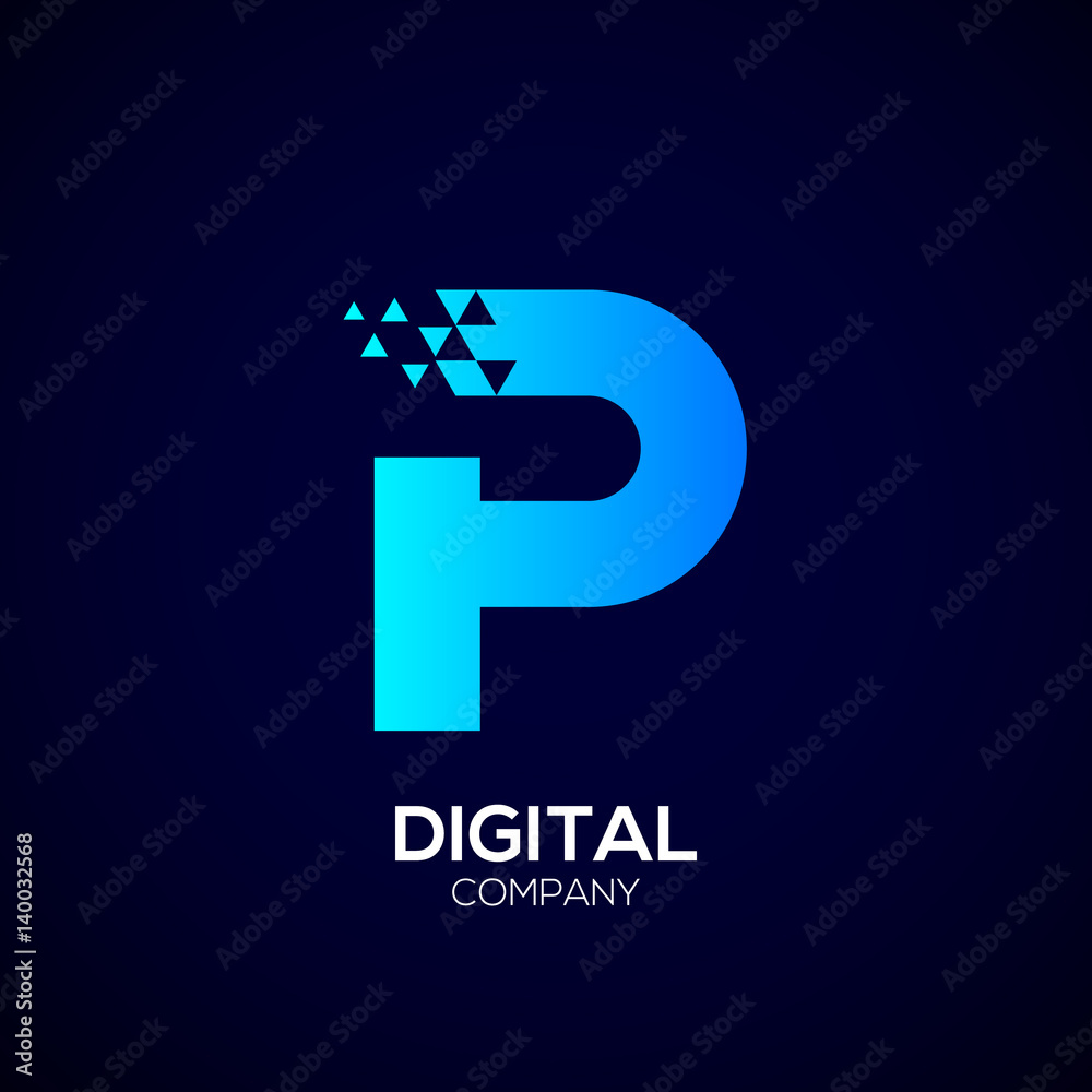 Letter P Pixel logo, Triangle,Blue color,Technology and digital ...