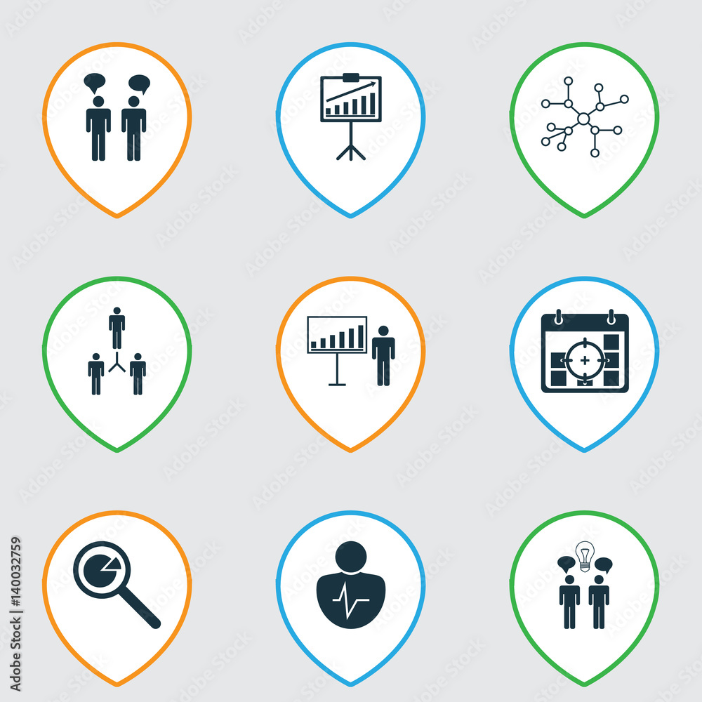 Set Of 9 Administration Icons. Includes Team Meeting, Personal ...