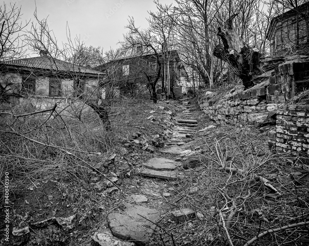 district of poor residential buildings, architecture background, dark ...