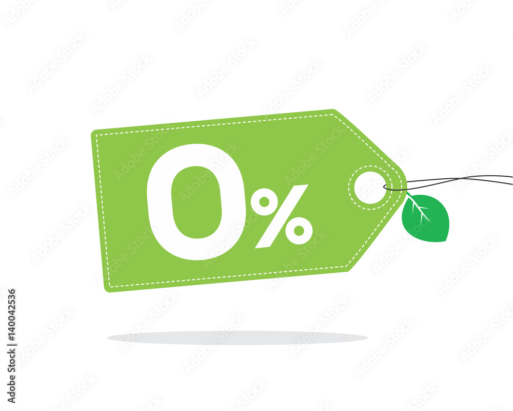 Green price tag label with 0% text and stitches on it and with a leaf ...