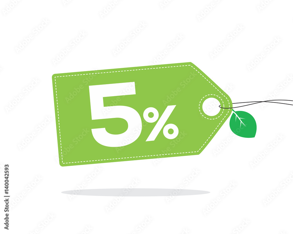 Green price tag label with 5% text and stitches on it and with a leaf ...