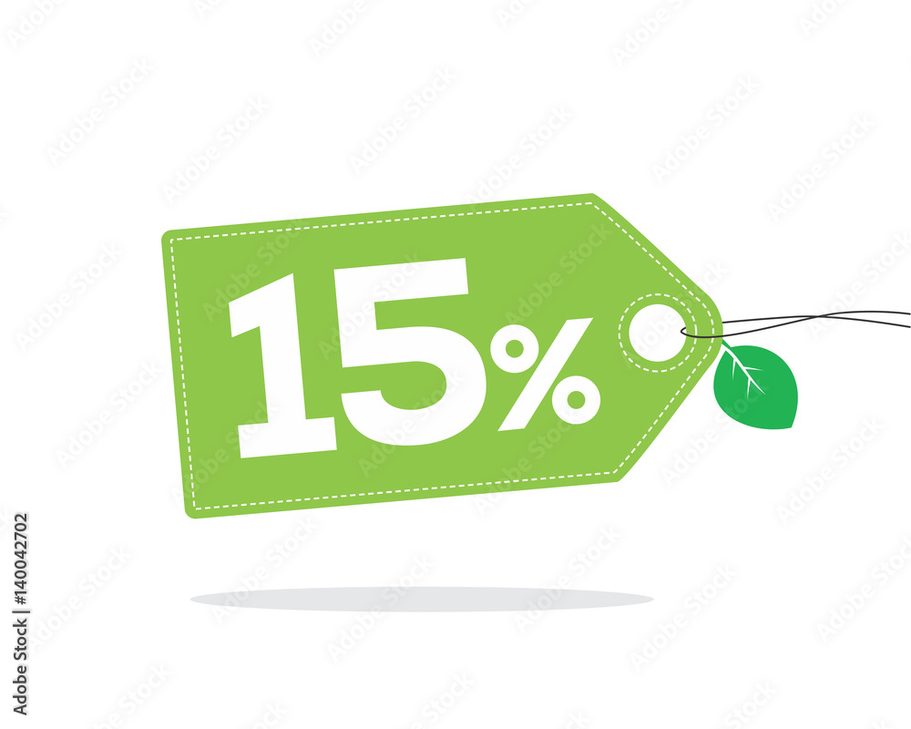 Green price tag label with 15% text and stitches on it and with a leaf ...