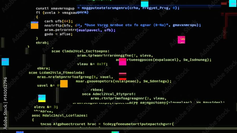 A messy source code scrolling animation, white characters black ...