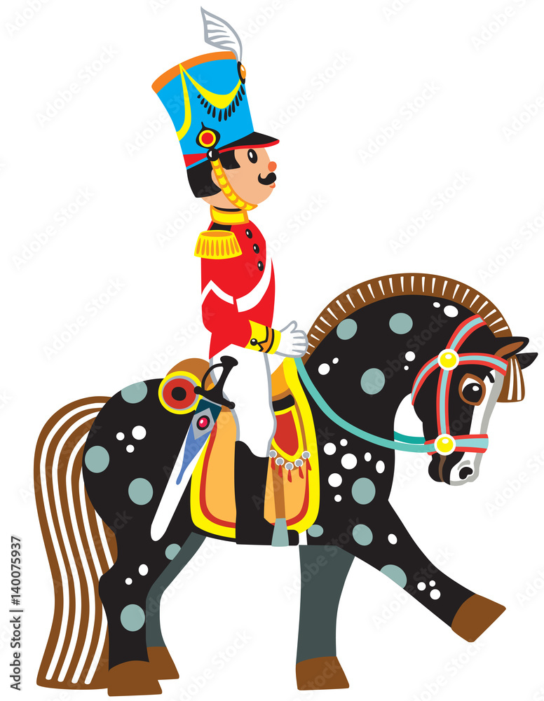 cartoon soldier riding a black horse. Side view vector illustration for ...