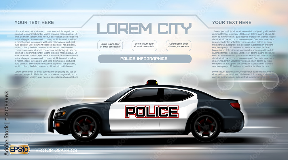 Realistic Police car Infographic. Urban city background. Online Cab ...