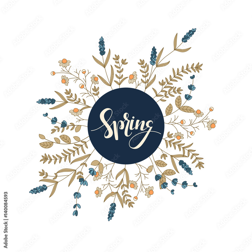 vector wallpaper template with hand drawn word spring in a blue circle ...