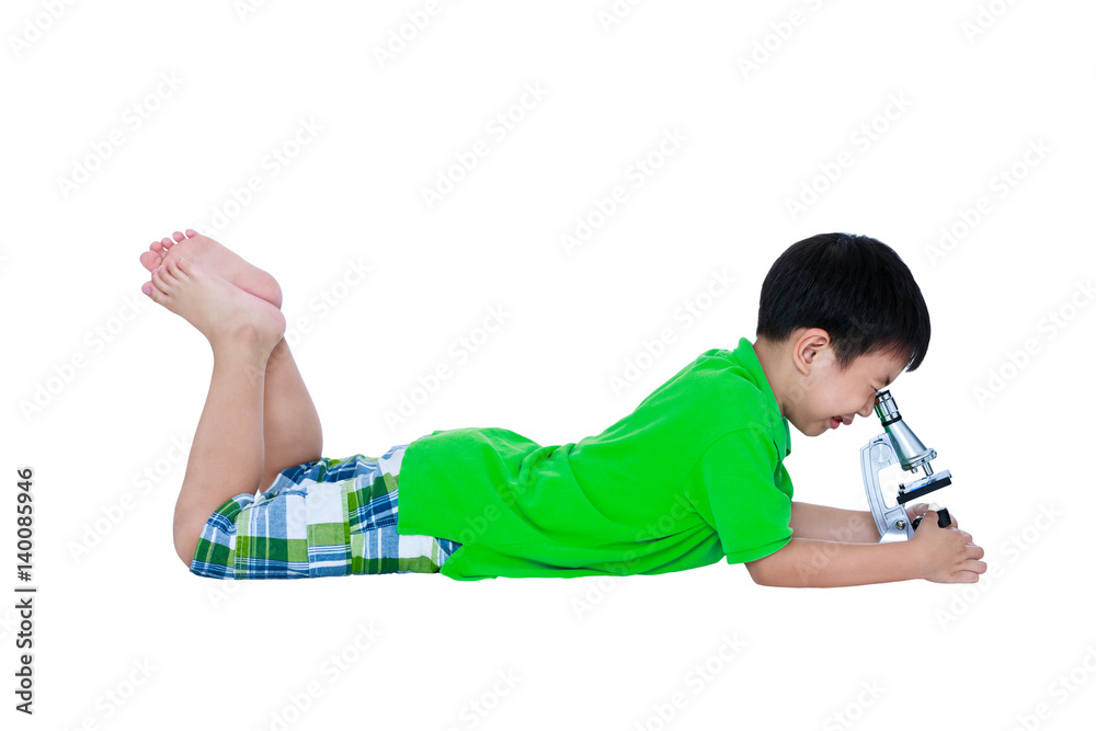 Full body of asian child observed through a microscope biological ...